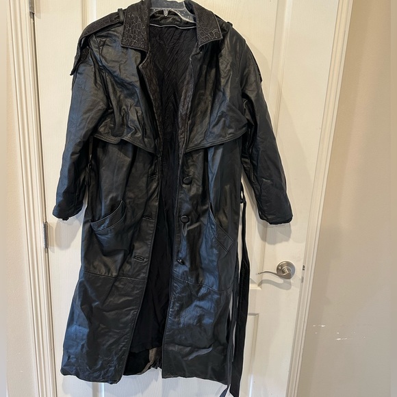 Jackets & Coats | Vintage Long Black Leather Trench Coat Womens Size ...